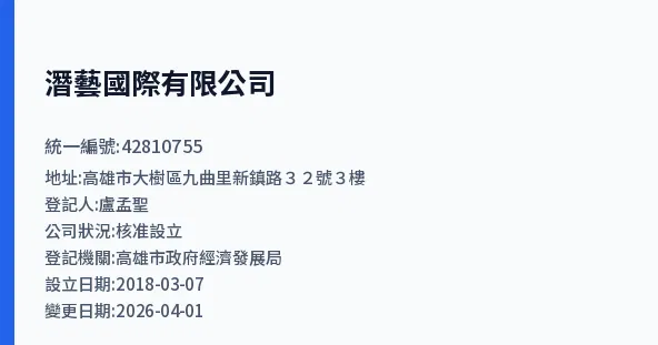 潛藝國際有限公司的照片-統編 42810755(高雄市) 公司登記資料與營業項目詳細圖表