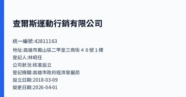 查爾斯運動行銷有限公司的照片-統編 42811163(高雄市) 公司登記資料與營業項目詳細圖表