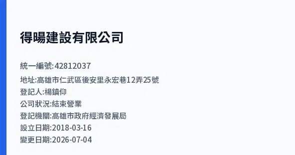 得暘建設有限公司的照片-統編 42812037(高雄市) 公司登記資料與營業項目詳細圖表
