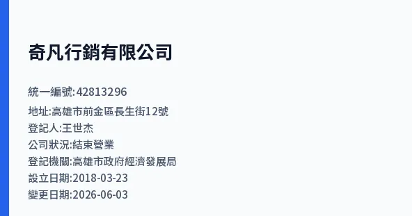 奇凡行銷有限公司的照片-統編 42813296(高雄市) 公司登記資料與營業項目詳細圖表