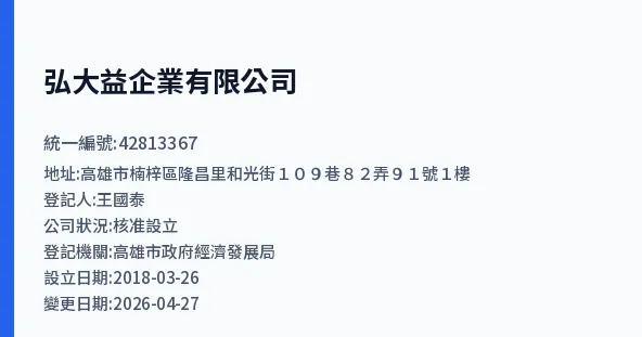 弘大益企業有限公司的照片-統編 42813367(高雄市) 公司登記資料與營業項目詳細圖表