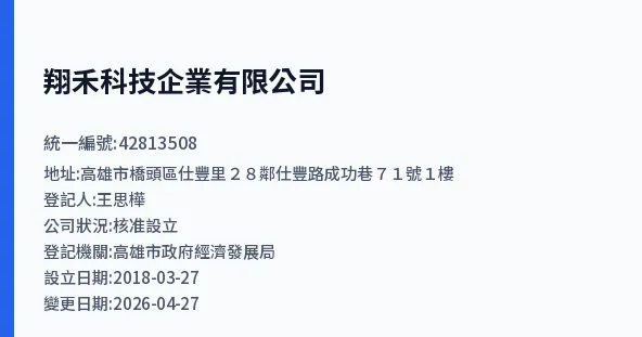翔禾科技企業有限公司的照片-統編 42813508(高雄市) 公司登記資料與營業項目詳細圖表
