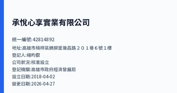 承悅心享實業有限公司的照片-統編 42814892(高雄市) 公司登記資料與營業項目詳細圖表
