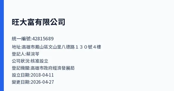 旺大富有限公司的照片-統編 42815689(高雄市) 公司登記資料與營業項目詳細圖表