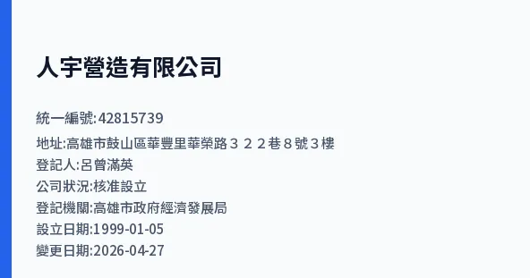 人宇營造有限公司的照片-統編 42815739(高雄市) 公司登記資料與營業項目詳細圖表