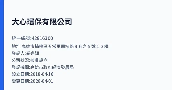大心環保有限公司的照片-統編 42816300(高雄市) 公司登記資料與營業項目詳細圖表