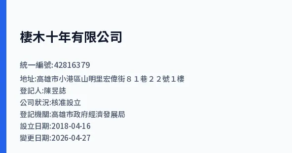 棲木十年有限公司的照片-統編 42816379(高雄市) 公司登記資料與營業項目詳細圖表