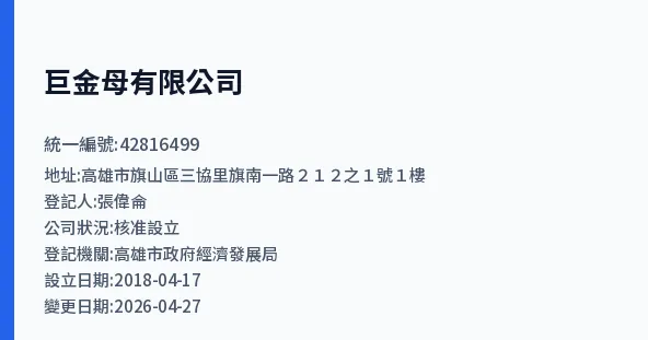 巨金母有限公司的照片-統編 42816499(高雄市) 公司登記資料與營業項目詳細圖表