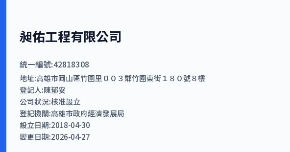 昶佑工程有限公司的照片-統編 42818308(高雄市) 公司登記資料與營業項目詳細圖表