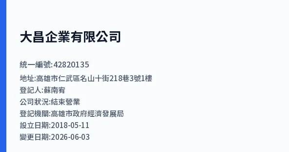 大昌企業有限公司的照片-統編 42820135(高雄市) 公司登記資料與營業項目詳細圖表
