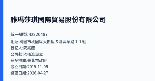 雅瑪莎琪國際貿易股份有限公司的照片-統編 42820487(桃園市) 公司登記資料與營業項目詳細圖表