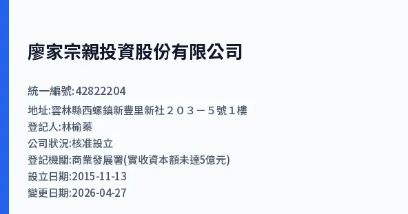 廖家宗親投資股份有限公司的照片-統編 42822204(雲林縣) 公司登記資料與營業項目詳細圖表
