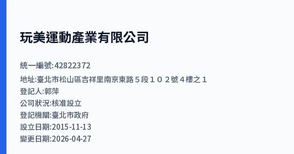 玩美運動產業有限公司的照片-統編 42822372(臺北市) 公司登記資料與營業項目詳細圖表