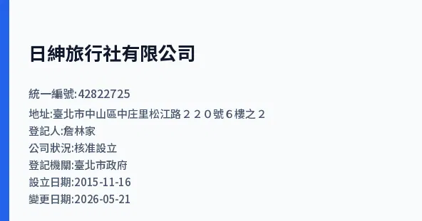 日紳旅行社有限公司的照片-統編 42822725(臺北市) 公司登記資料與營業項目詳細圖表