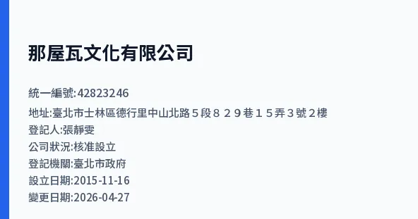 那屋瓦文化有限公司的照片-統編 42823246(臺北市) 公司登記資料與營業項目詳細圖表