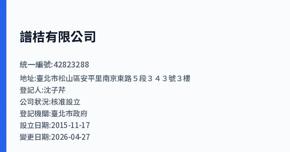 譜桔有限公司的照片-統編 42823288(臺北市) 公司登記資料與營業項目詳細圖表
