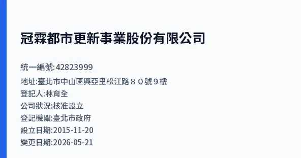 冠霖都市更新事業股份有限公司的照片-統編 42823999(臺北市) 公司登記資料與營業項目詳細圖表