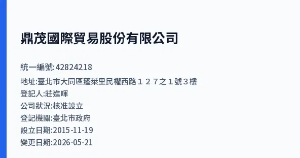 鼎茂國際貿易股份有限公司的照片-統編 42824218(臺北市) 公司登記資料與營業項目詳細圖表