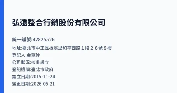 弘遠整合行銷股份有限公司的照片-統編 42825526(臺北市) 公司登記資料與營業項目詳細圖表