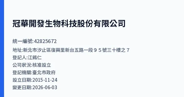 冠華開發生物科技股份有限公司的照片-統編 42825672(新北市) 公司登記資料與營業項目詳細圖表