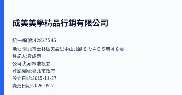 成美美學精品行銷有限公司的照片-統編 42827545(臺北市) 公司登記資料與營業項目詳細圖表