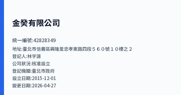 金癸有限公司的照片-統編 42828349(臺北市) 公司登記資料與營業項目詳細圖表