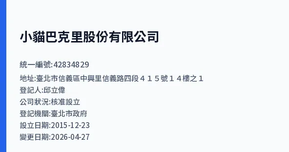 小貓巴克里股份有限公司的照片-統編 42834829(臺北市) 公司登記資料與營業項目詳細圖表