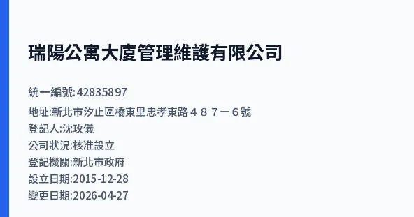瑞陽公寓大廈管理維護有限公司的照片-統編 42835897(新北市) 公司登記資料與營業項目詳細圖表