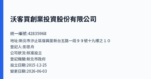 沃客買創業投資股份有限公司的照片-統編 42835968(新北市) 公司登記資料與營業項目詳細圖表