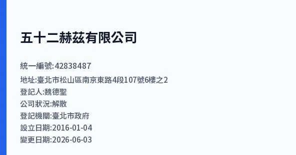 五十二赫茲有限公司的照片-統編 42838487(臺北市) 公司登記資料與營業項目詳細圖表