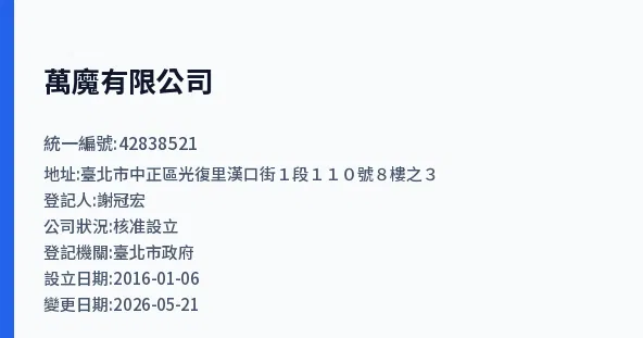 萬魔有限公司的照片-統編 42838521(臺北市) 公司登記資料與營業項目詳細圖表