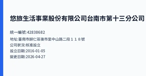 悠旅生活事業股份有限公司台南市第十三分公司的照片-統編 42838682(臺南市) 公司登記資料與營業項目詳細圖表