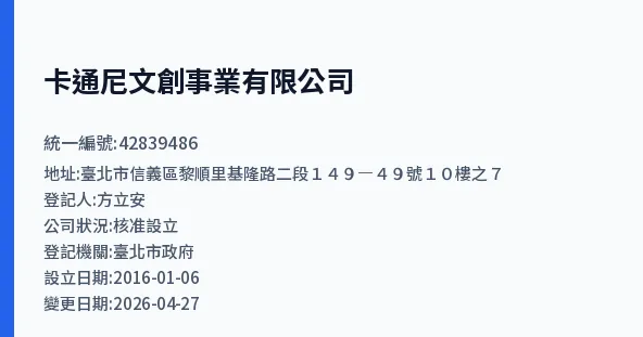 卡通尼文創事業有限公司的照片-統編 42839486(臺北市) 公司登記資料與營業項目詳細圖表
