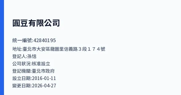 圓豆有限公司的照片-統編 42840195(臺北市) 公司登記資料與營業項目詳細圖表