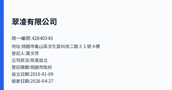 翠凌有限公司的照片-統編 42840343(桃園市) 公司登記資料與營業項目詳細圖表
