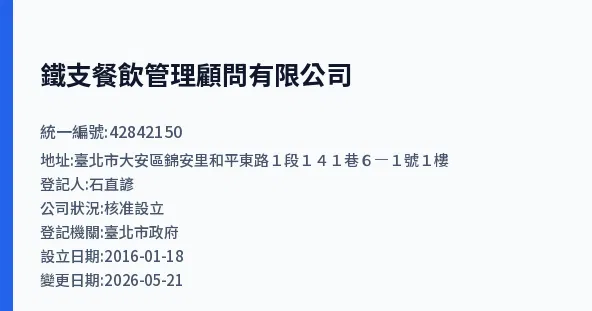 鐵支餐飲管理顧問有限公司的照片-統編 42842150(臺北市) 公司登記資料與營業項目詳細圖表