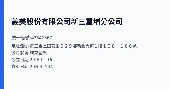 義美股份有限公司新三重埔分公司的照片-統編 42842567(新北市) 公司登記資料與營業項目詳細圖表