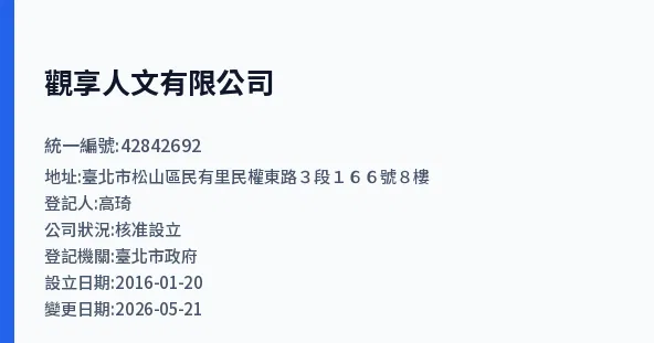 觀享人文有限公司的照片-統編 42842692(臺北市) 公司登記資料與營業項目詳細圖表