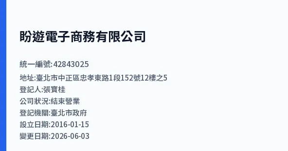 盼遊電子商務有限公司的照片-統編 42843025(臺北市) 公司登記資料與營業項目詳細圖表
