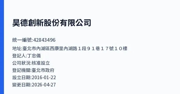 昊德創新股份有限公司的照片-統編 42843496(臺北市) 公司登記資料與營業項目詳細圖表
