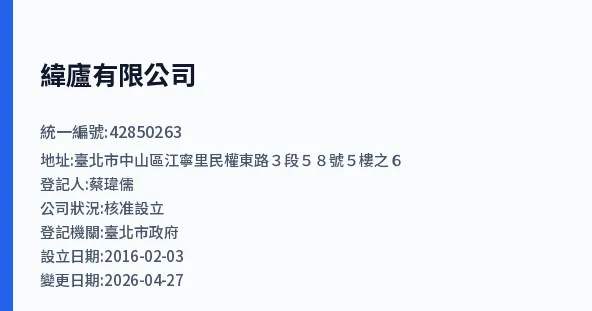 緯廬有限公司的照片-統編 42850263(臺北市) 公司登記資料與營業項目詳細圖表