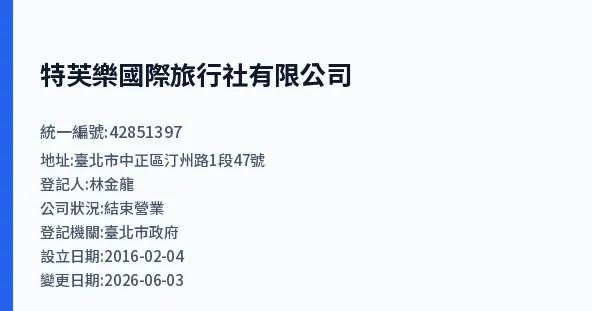 特芙樂國際旅行社有限公司的照片-統編 42851397(臺北市) 公司登記資料與營業項目詳細圖表