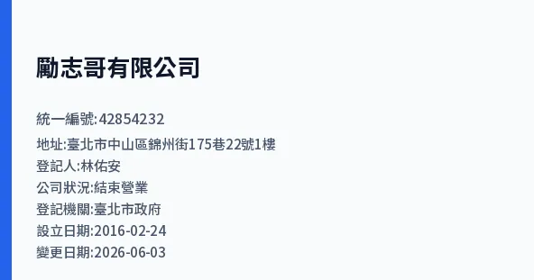 勵志哥有限公司的照片-統編 42854232(臺北市) 公司登記資料與營業項目詳細圖表