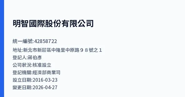 明智國際股份有限公司的照片-統編 42858722(新北市) 公司登記資料與營業項目詳細圖表
