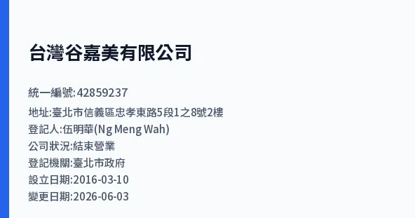 台灣谷嘉美有限公司的照片-統編 42859237(臺北市) 公司登記資料與營業項目詳細圖表
