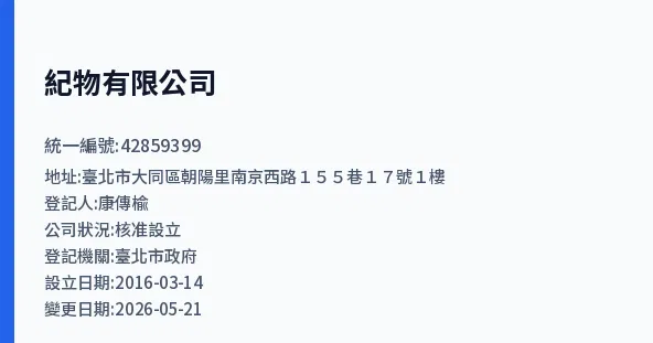 紀物有限公司的照片-統編 42859399(臺北市) 公司登記資料與營業項目詳細圖表