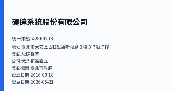 碩達系統股份有限公司的照片-統編 42860213(臺北市) 公司登記資料與營業項目詳細圖表