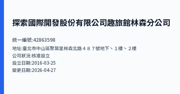 探索國際開發股份有限公司趣旅館林森分公司的照片-統編 42863598(臺北市) 公司登記資料與營業項目詳細圖表