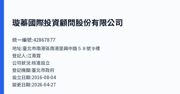 璇蓁國際投資顧問股份有限公司的照片-統編 42867877(臺北市) 公司登記資料與營業項目詳細圖表