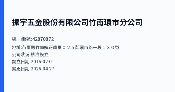 振宇五金股份有限公司竹南環市分公司的照片-統編 42870872(苗栗縣) 公司登記資料與營業項目詳細圖表